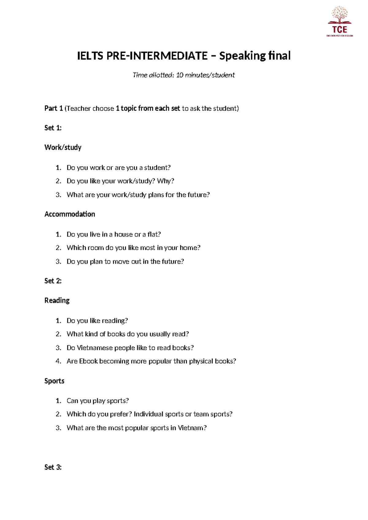 [TCE] Final Speaking test dòng lớp Pre-intermediate - IELTS PRE ...