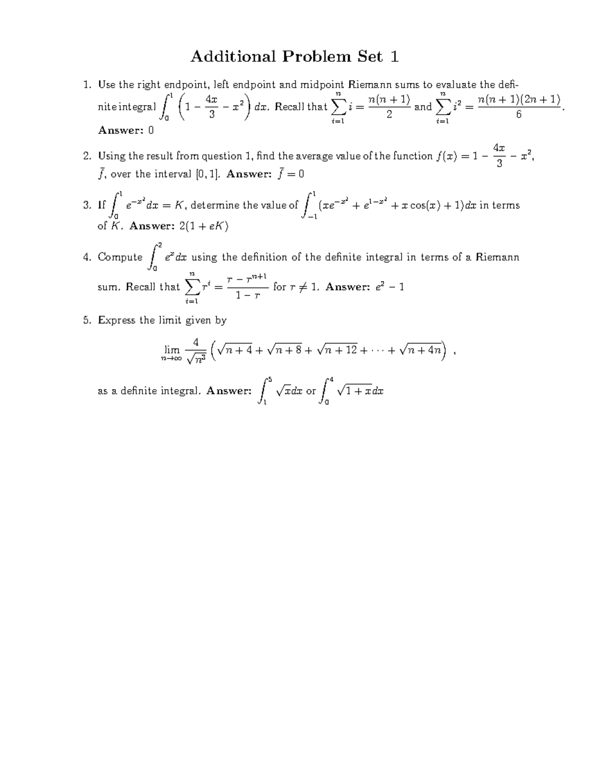 Additional Problem Set 1 - Recall that ∑ n i= i = n(n + 1) 2 and ∑ n i= i 2 = n(n + 1)(2n + 1) 6 ...