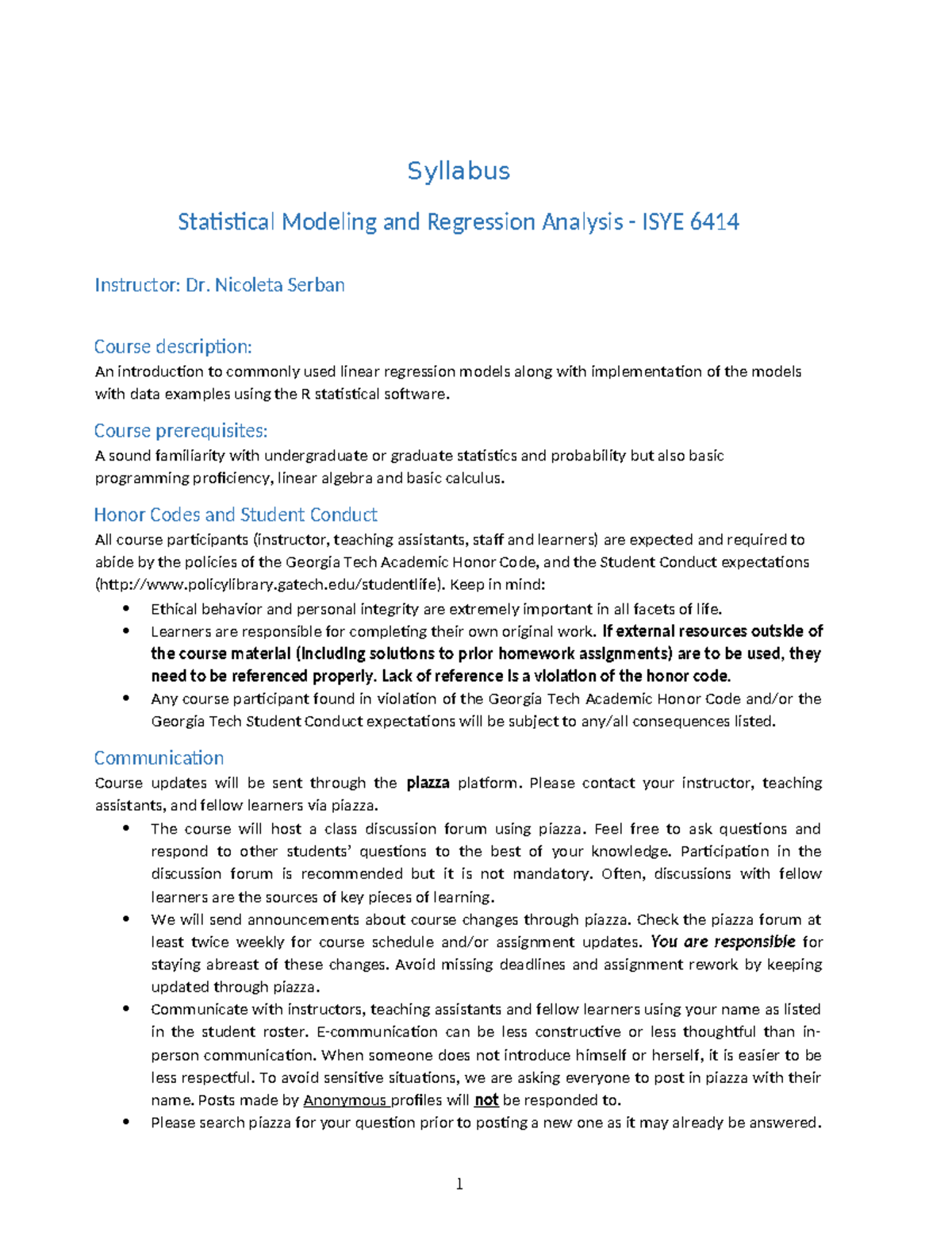 Syllabus Fall 2023v2 - Syllabus Statistical Modeling and Regression Analysis - ISYE 6414 ...