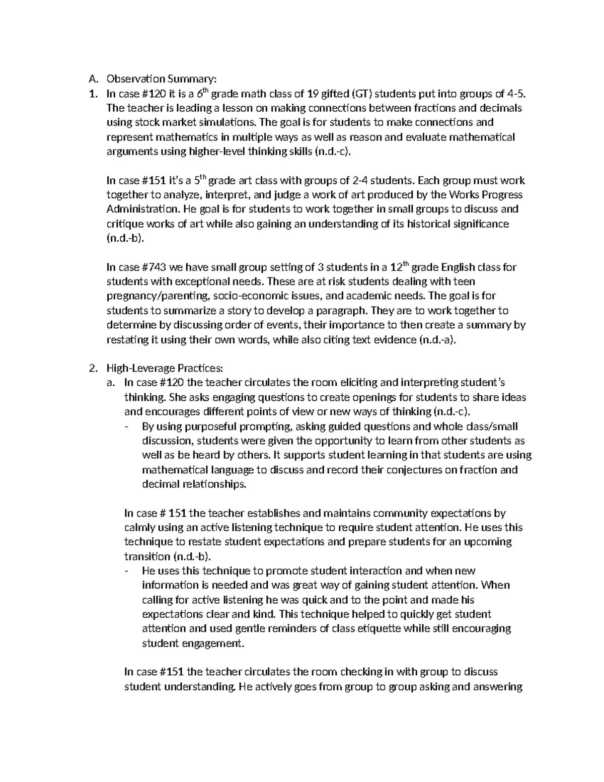 D093 Task 3 - n/a - A. Observation Summary: In case #120 it is a 6th ...