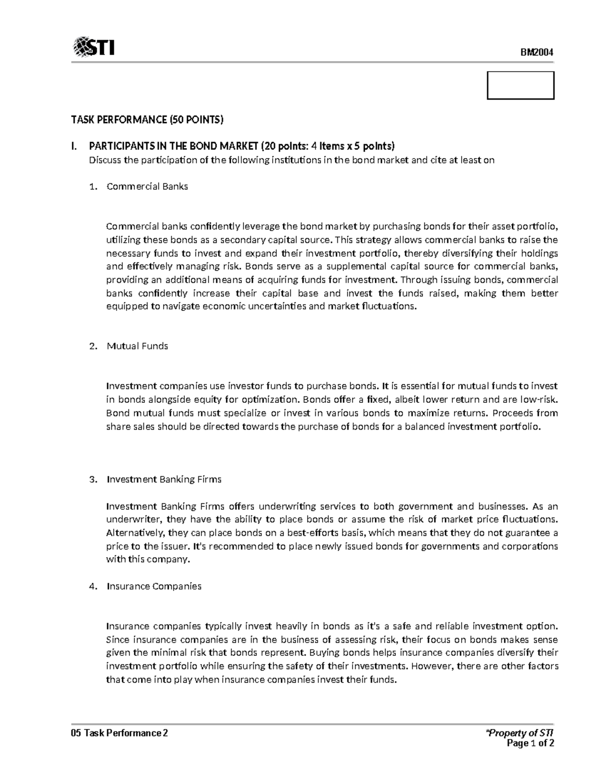 05 Task Performance 2 - Investment decisions - BM 05 Task Performance 2 *Property of STI Page 1 ...