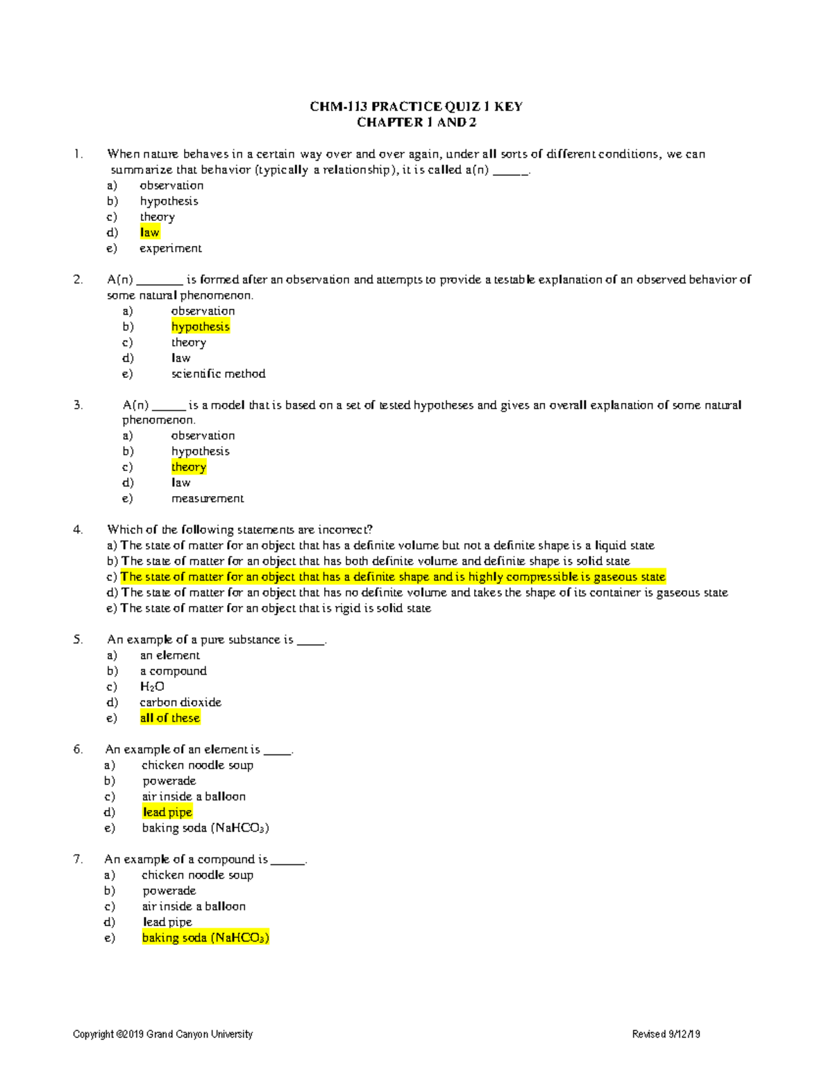 CHM-113 PQ1 Ch1 Ch2 KEY - Practice test key - CHM-113 PRACTICE QUIZ 1 ...