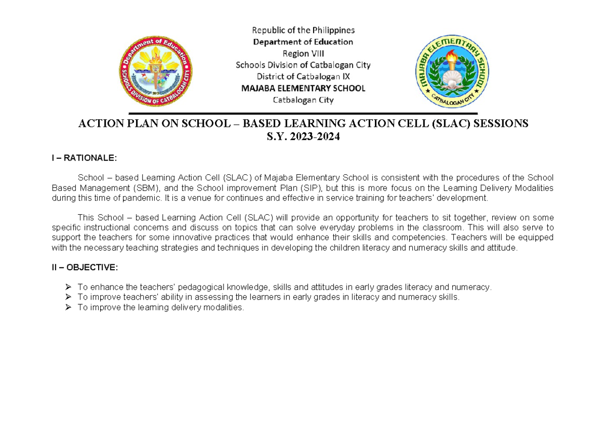 SLAC-PLAN - SCHOOL LEARNING ACTION CELL - ACTION PLAN ON SCHOOL – BASED LEARNING ACTION CELL ...