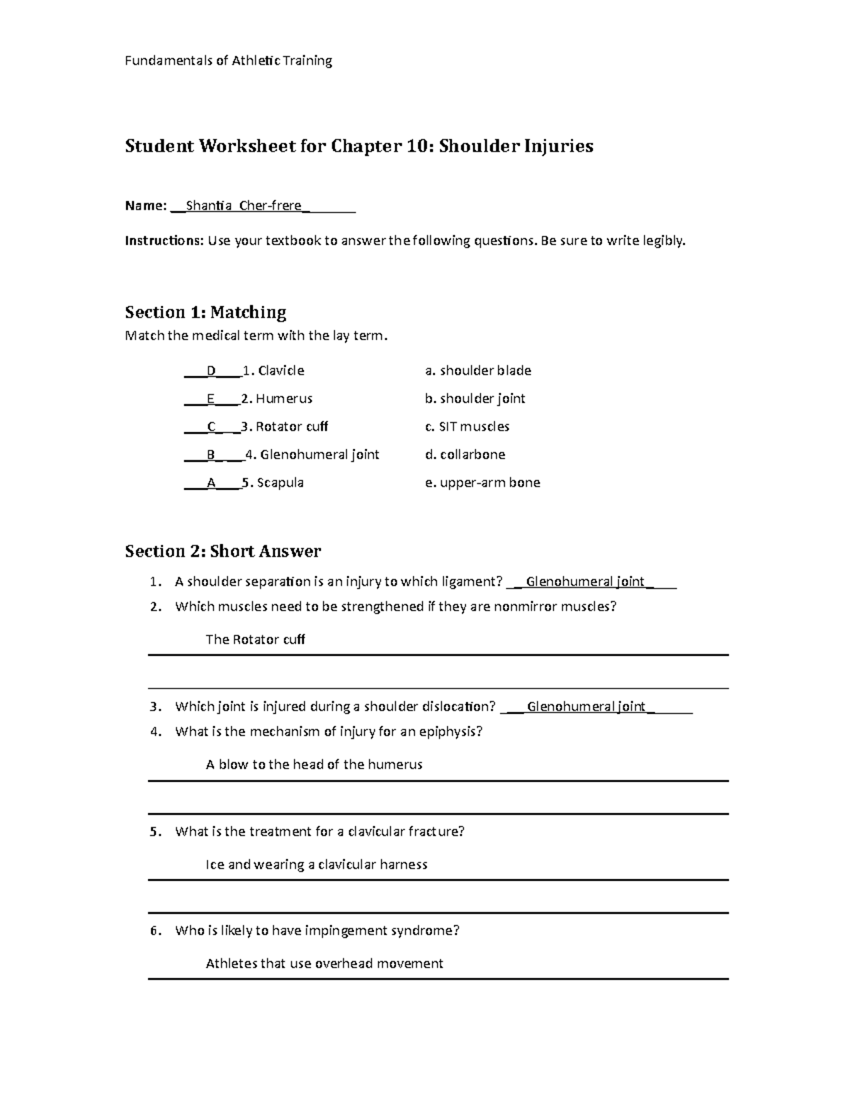 Copy of Chapter 10 Wkst. - Shoulder Injuries - Fundamentals of Athletic ...