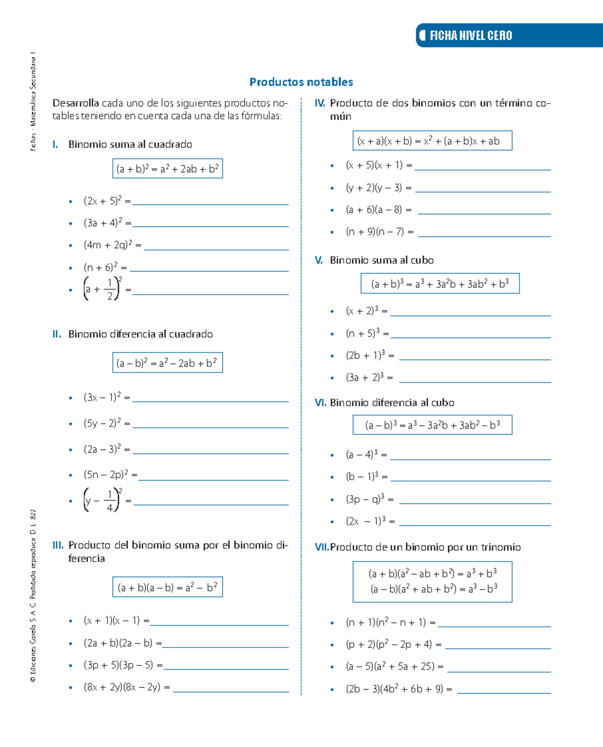 F0 78-80 Productos notables - FICHA NIVEL CERO Fichas - Matemática Secundaria I © Ediciones ...