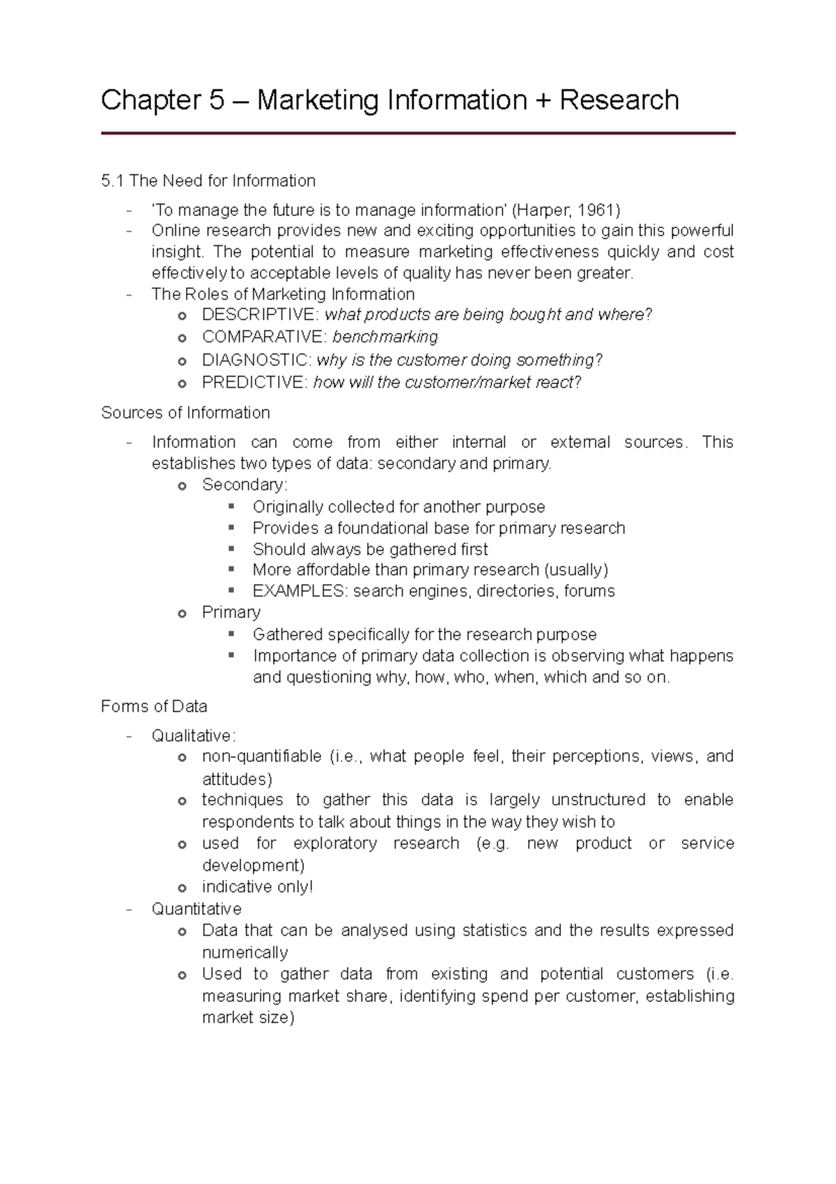 Chapter 5 - Chapter 5 – Marketing Information + Research 5 The Need for ...