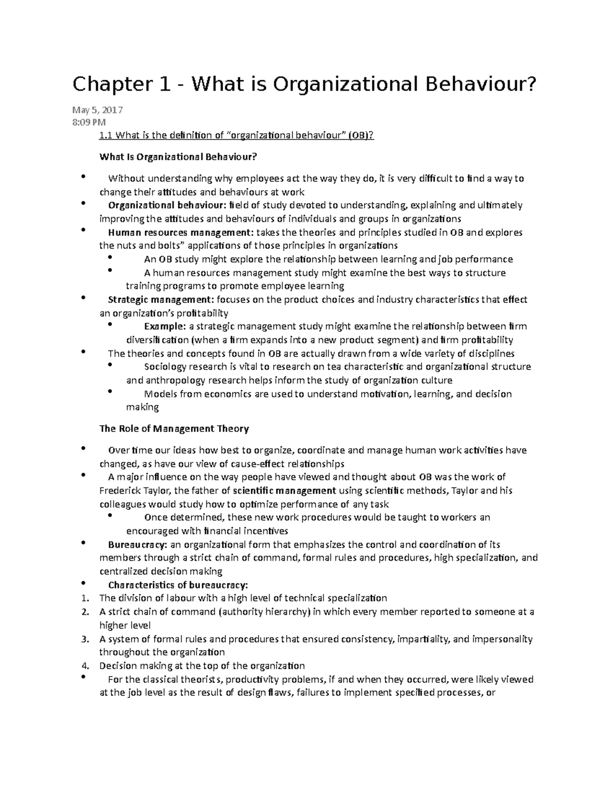 Chapter 1 to 8 - Chapter 1 - What is Organizational Behaviour? May 5 ...