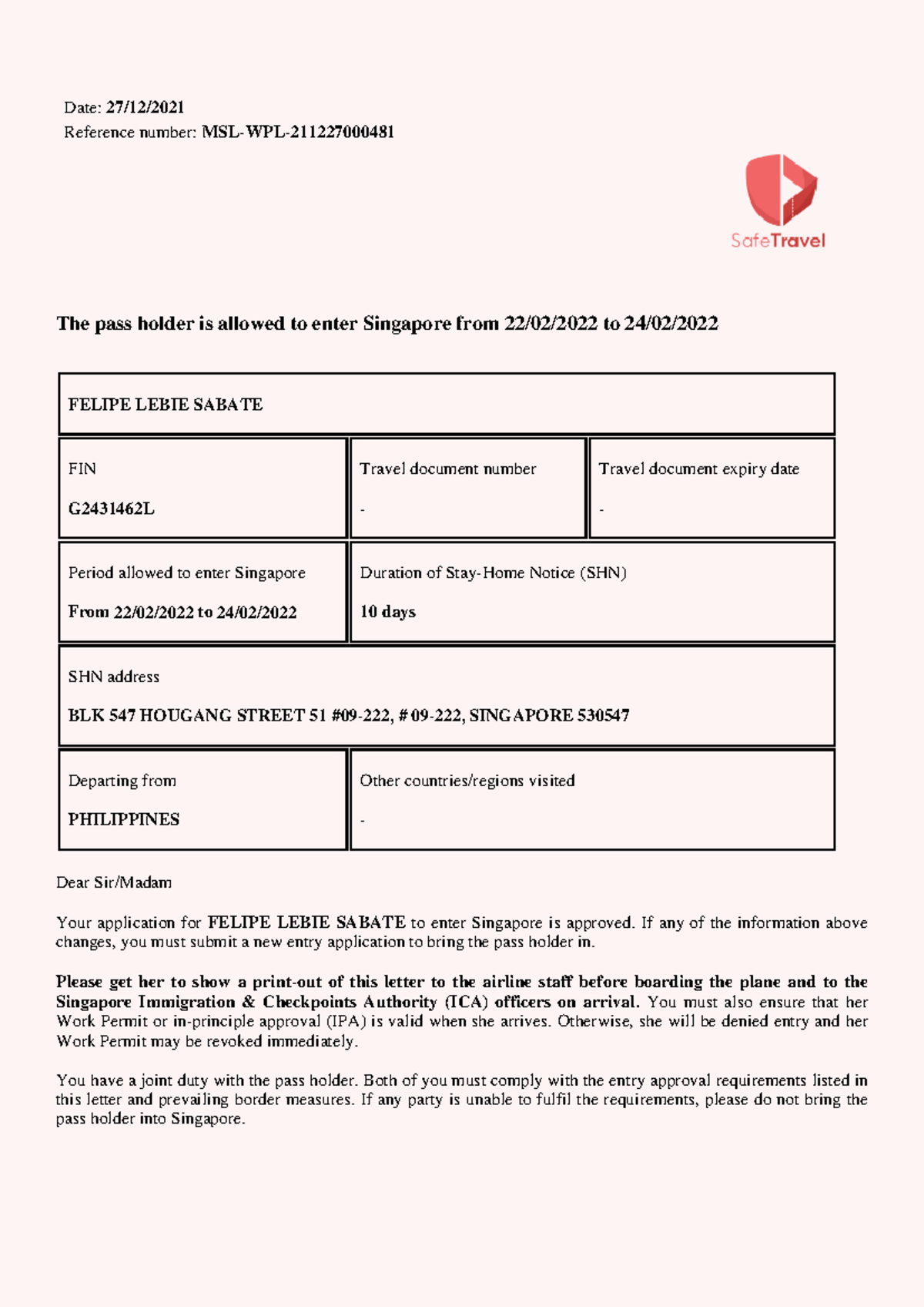 MSL-WPL-211227000481 - Date: 27/12/ Reference number: MSL-WPL- The pass ...