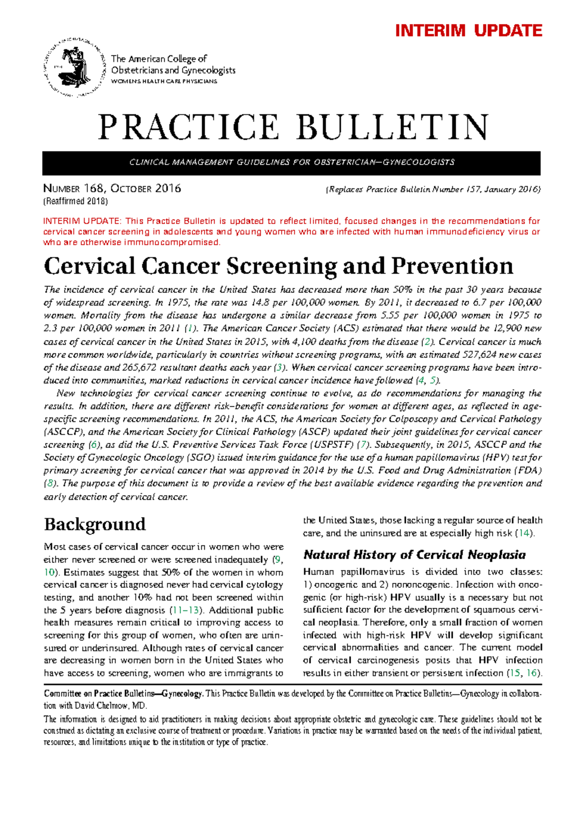 - Cervical Cancer Screening and Prevention (ACOG PB 2016 - Reaffirmed ...