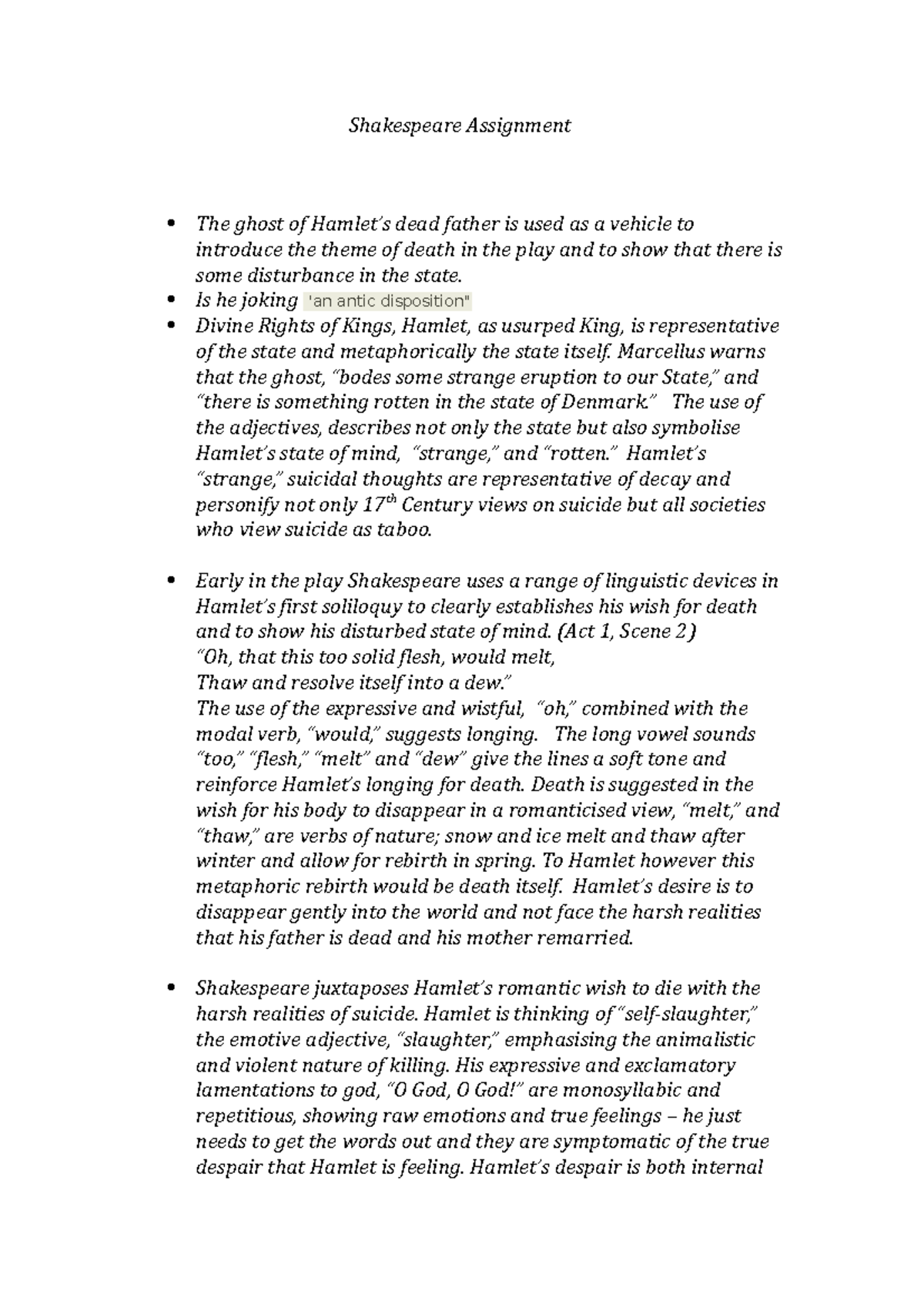 Hamlet decon - Shakespeare Assignment The ghost of Hamlet’s dead father ...