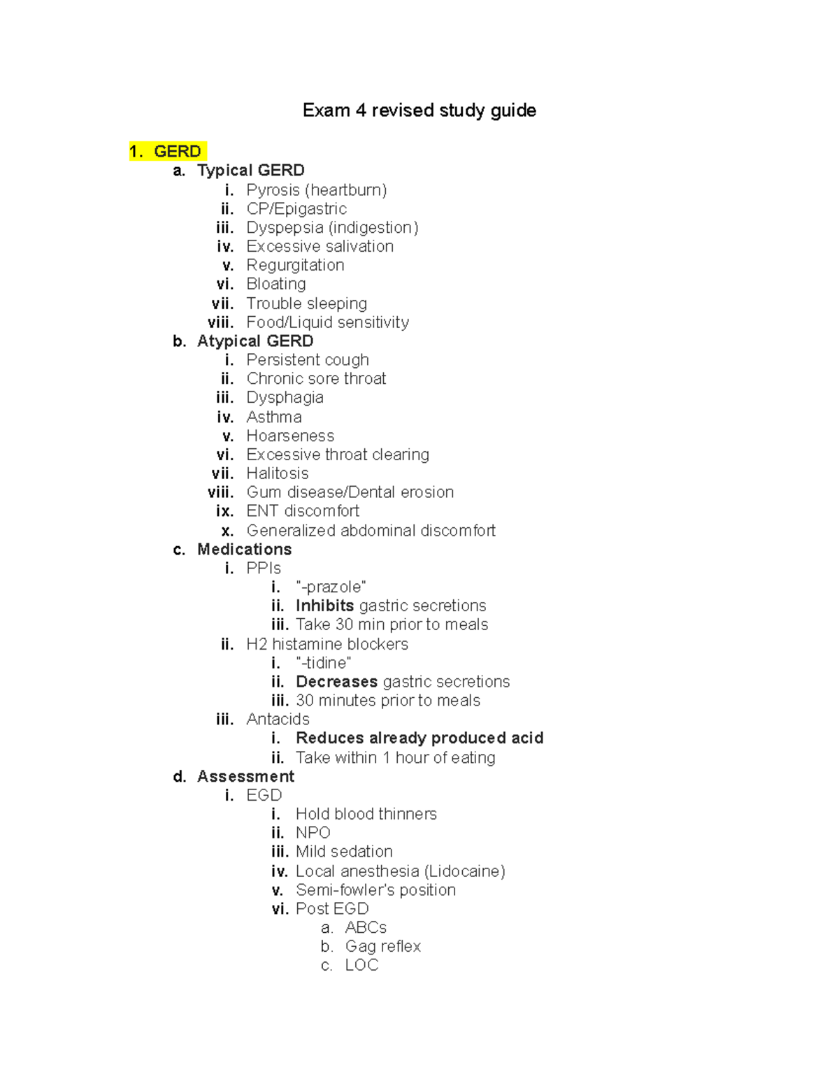 Adult Care Exam 4 study guide - Exam 4 revised study guide 1. GERD a ...