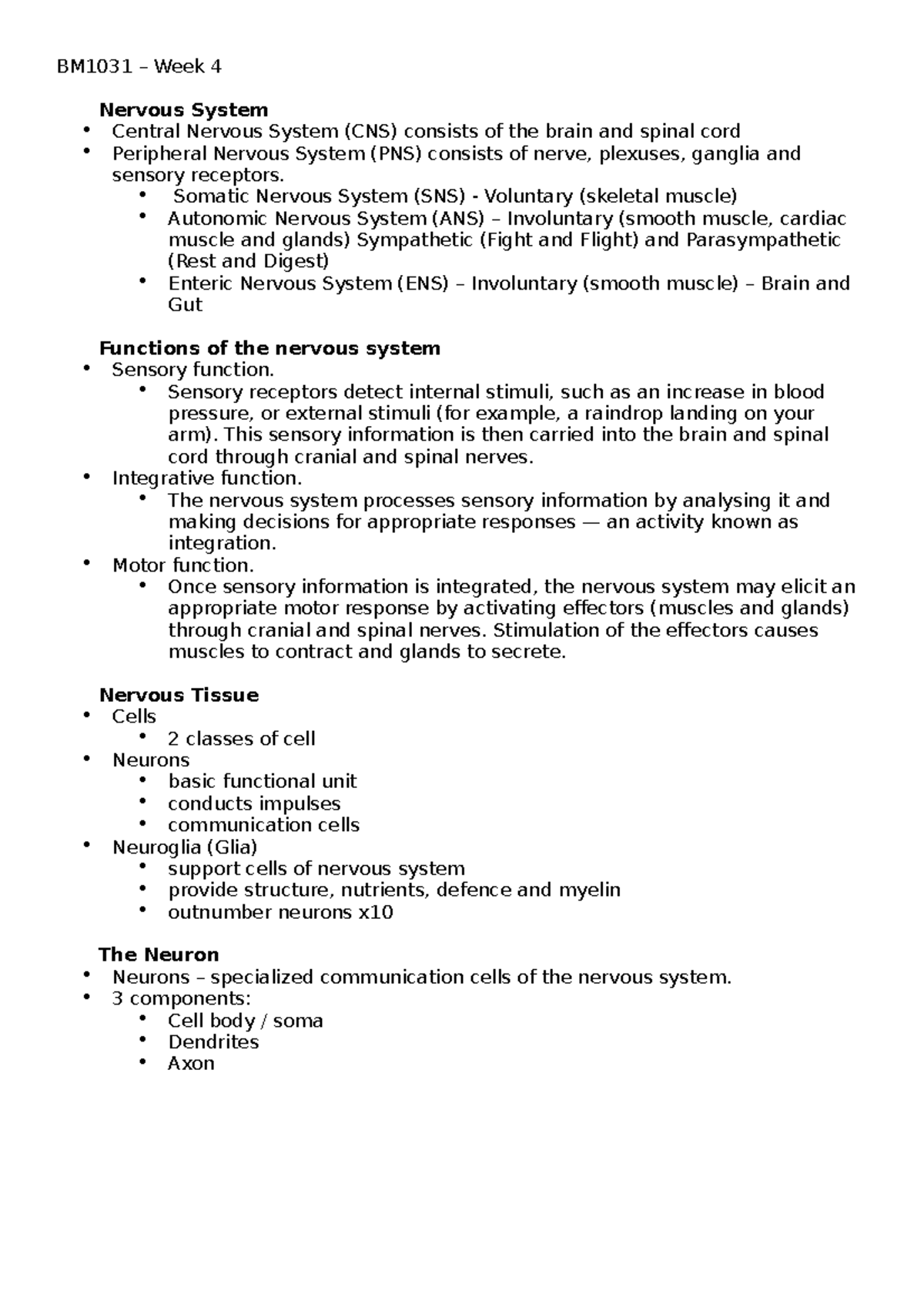 BM1031 - Week 4 - BM1031 – Week 4 Nervous System Central Nervous System ...