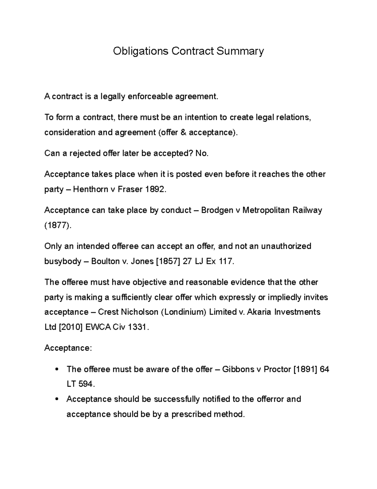 Obligations Contract Summary - To form a contract, there must be an ...