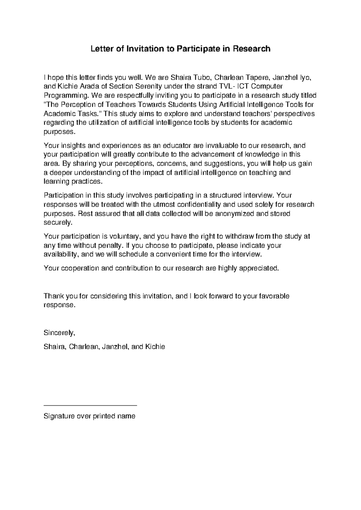 Letter of Invitation to Participate in Research - We are Shaira Tubo ...