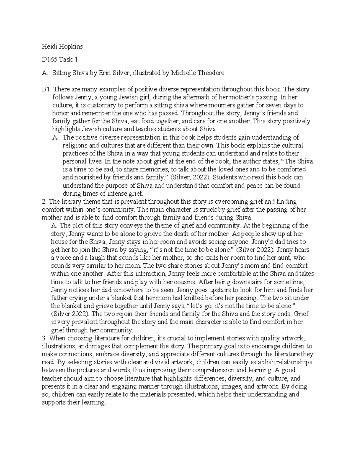 D165 task 1 - task 1 for d165 - Heidi Hopkins D165 Task 1 A. Sitting ...