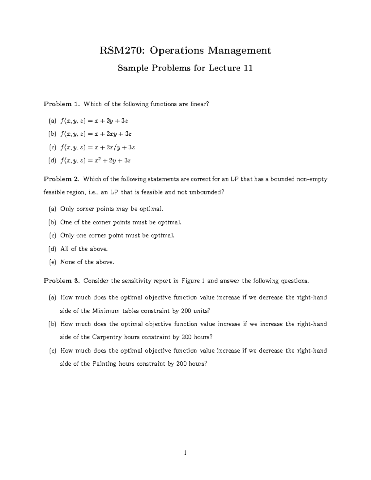 Sample Problems - Lecture 11 - Without Solutions - RSM270: Operations ...