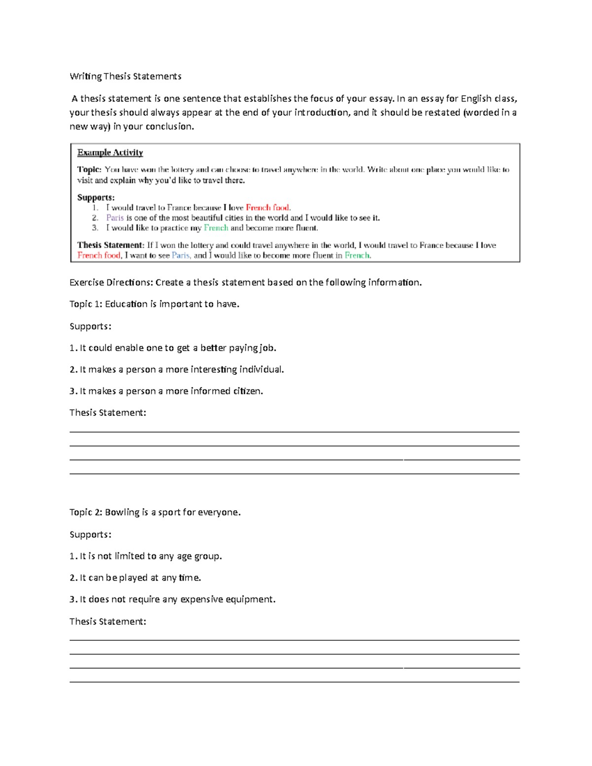 Activity - Yeah - Writing Thesis Statements A thesis statement is one ...