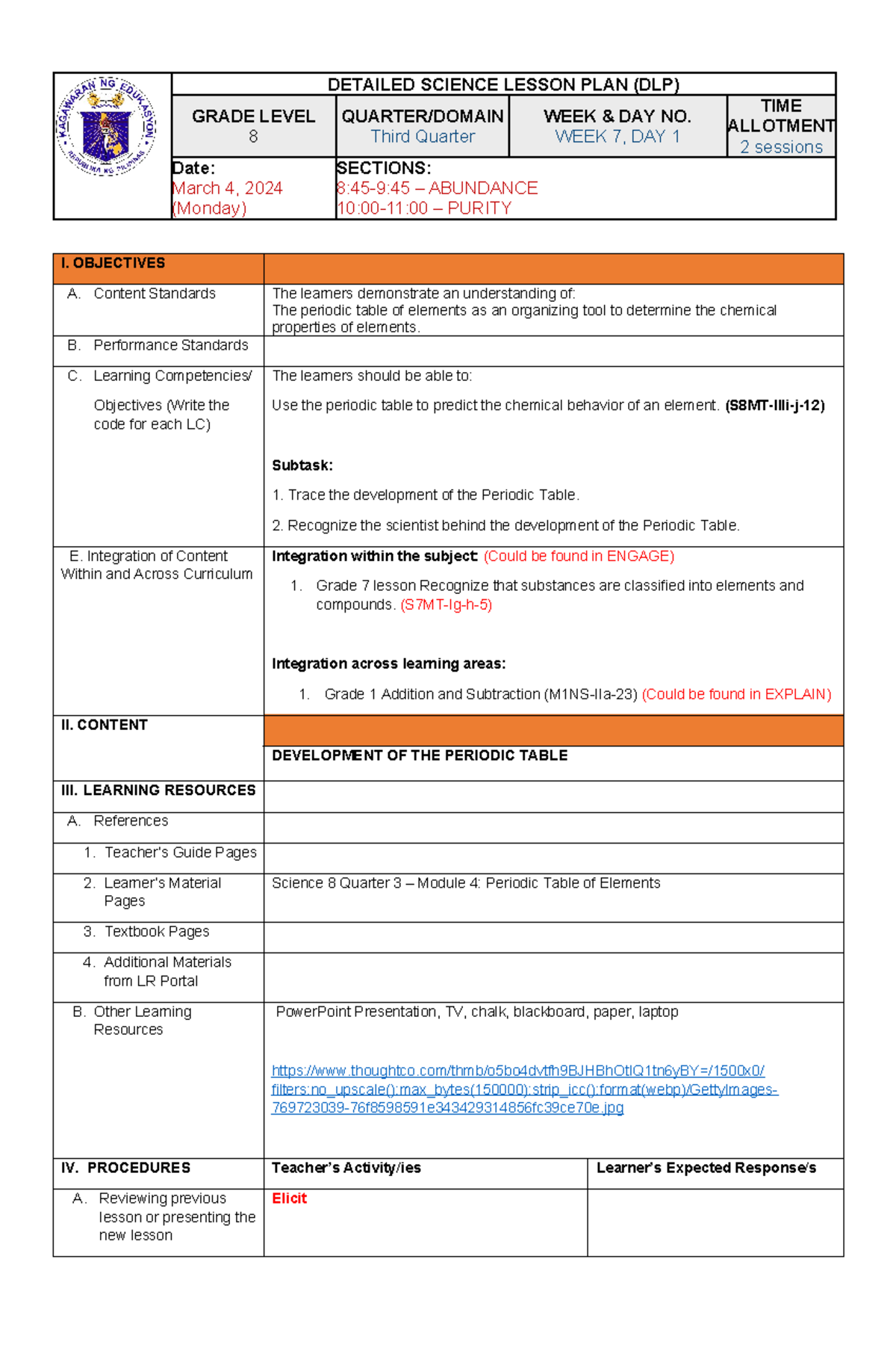 Periodic Table - LESSON PLAN IN SCIENCE 8 - DETAILED SCIENCE LESSON ...