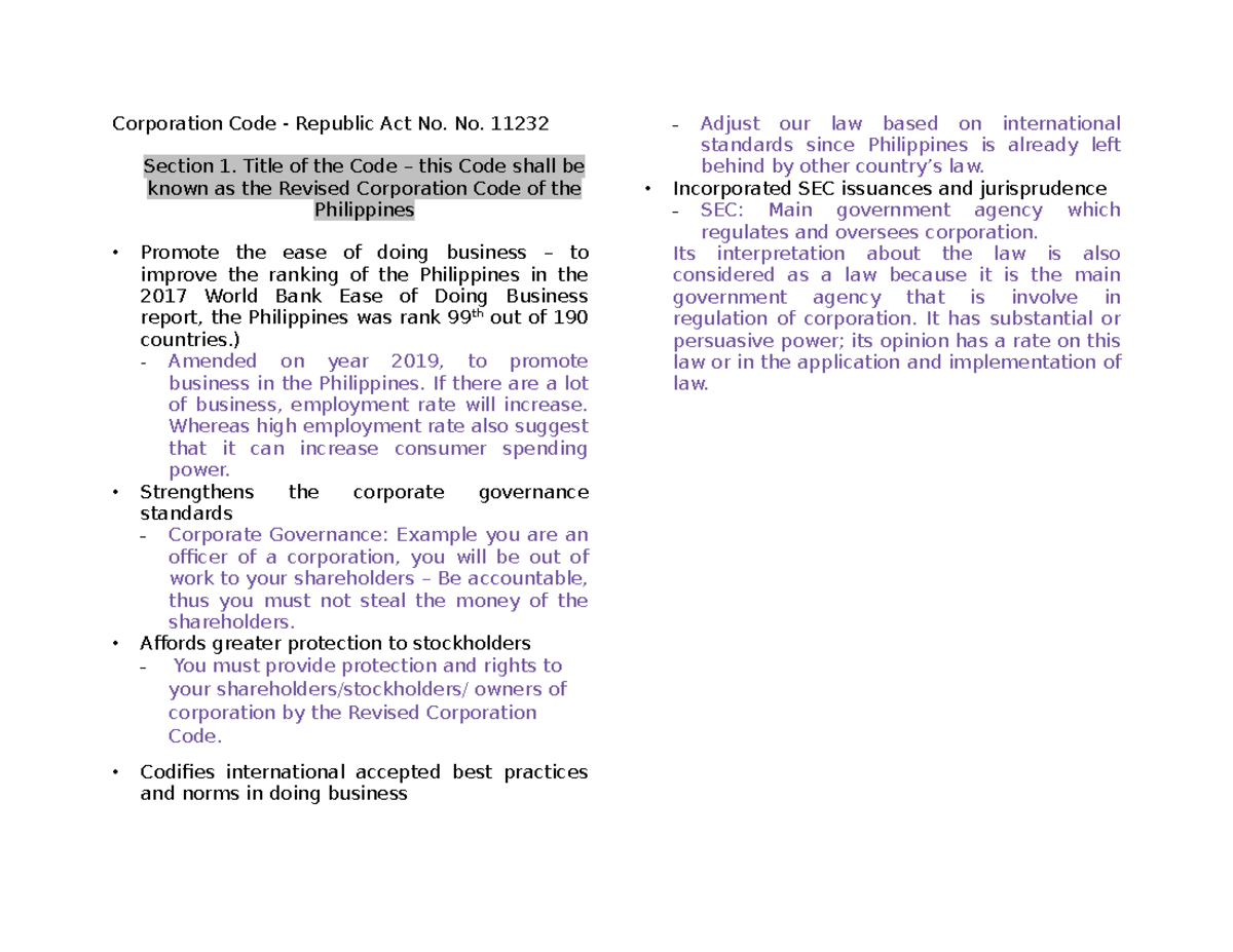 Corporation Code - ASSS - Corporation Code - Republic Act No. No. 11232 ...