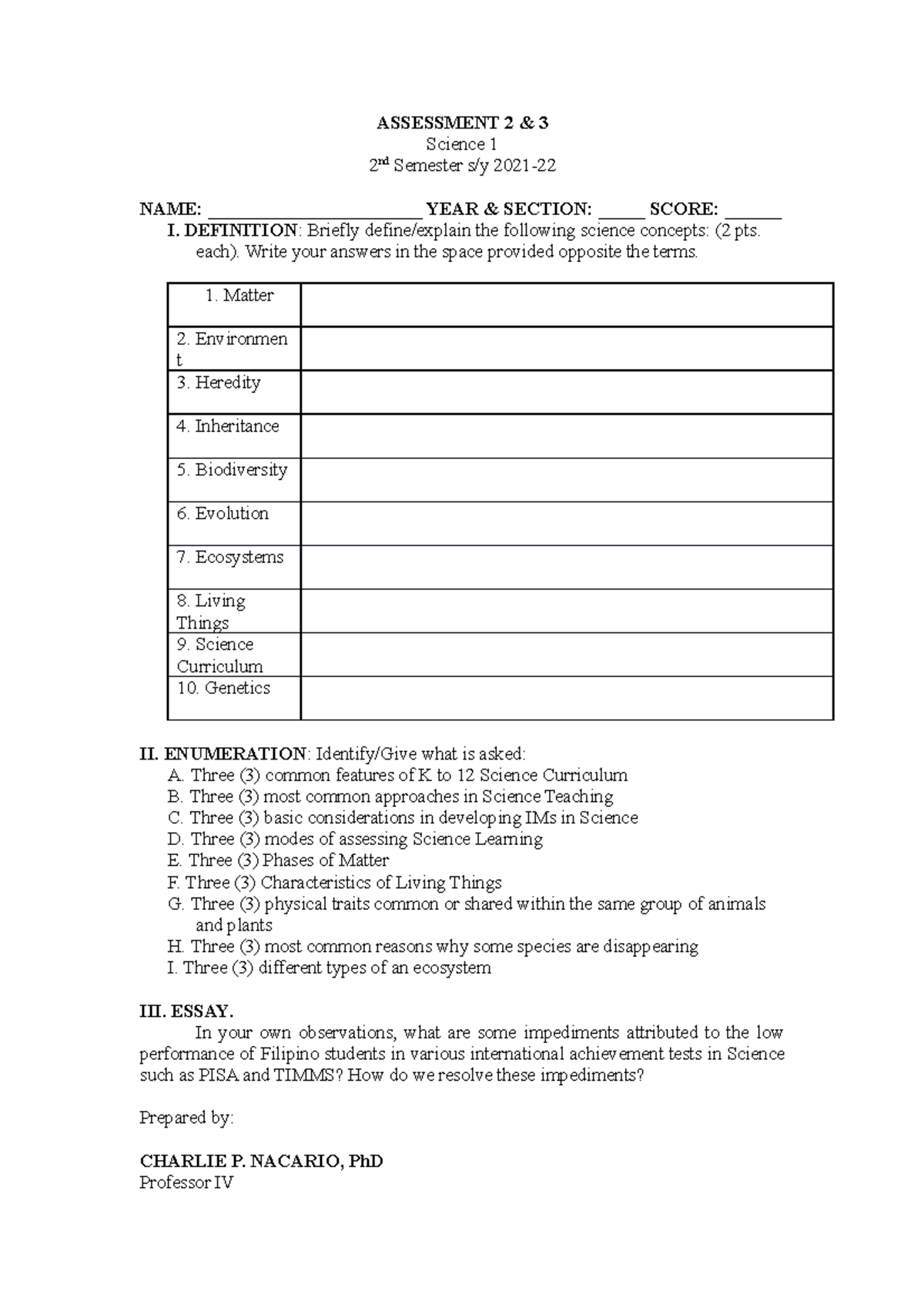 Assessment 2 3 Science 1 - ASSESSMENT 2 & 3 Science 1 2 nd Semester s/y ...