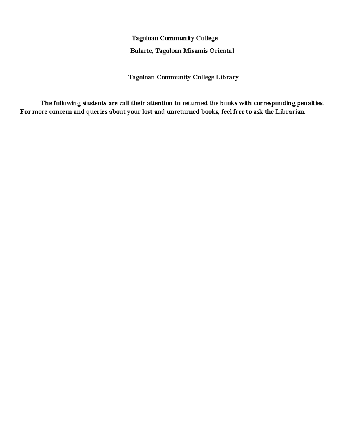Library Overdue Books - Tagoloan Community College Bularte, Tagoloan ...