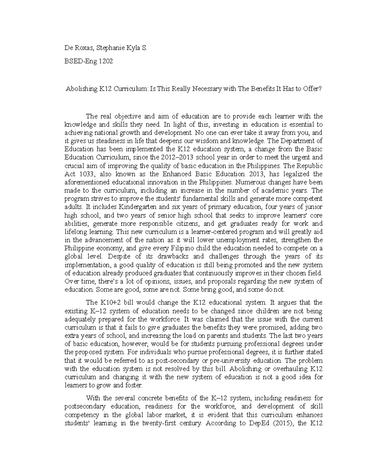 Position-paper-2 - position paper - De Roxas, Stephanie Kyla S. BSED ...