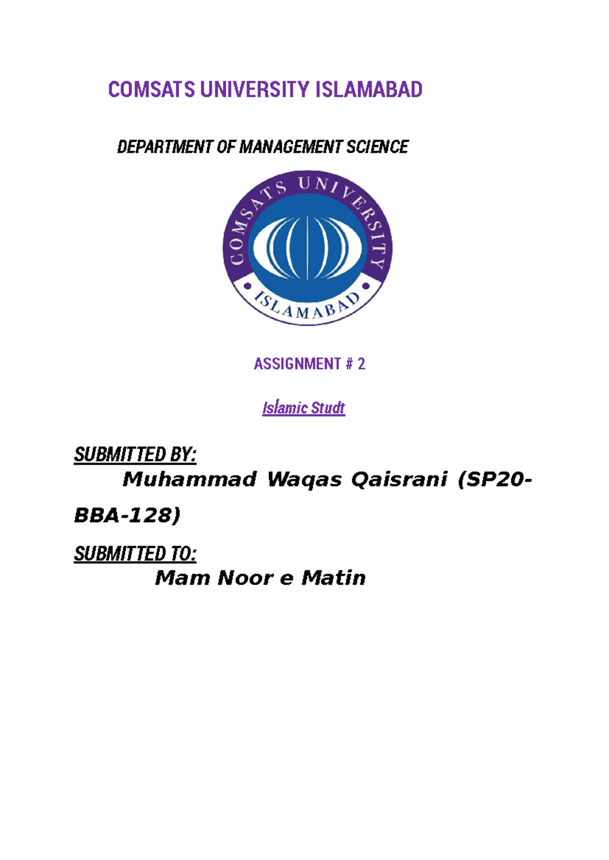 Islamiat Assignment - COMSATS UNIVERSITY ISLAMABAD DEPARTMENT OF ...