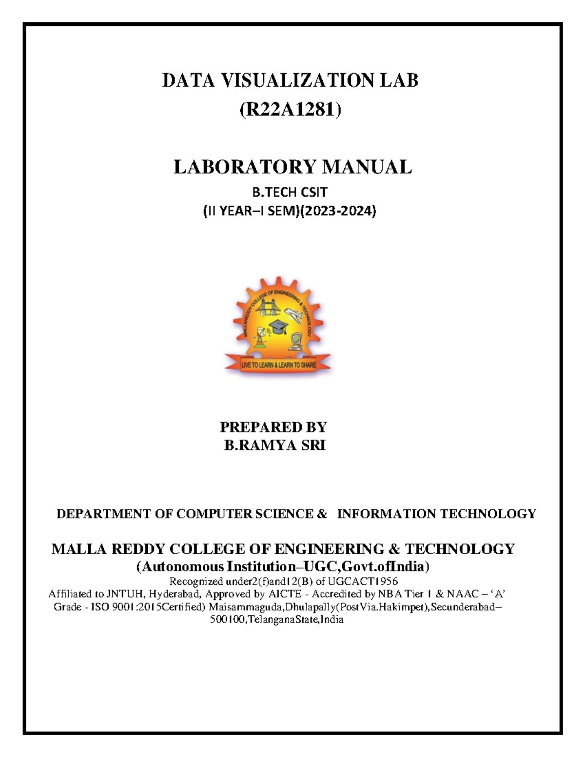 DATA Visualization lab mal - DATA VISUALIZATION LAB (R22A1281) LABORATORY MANUAL B CSIT (II YEAR ...