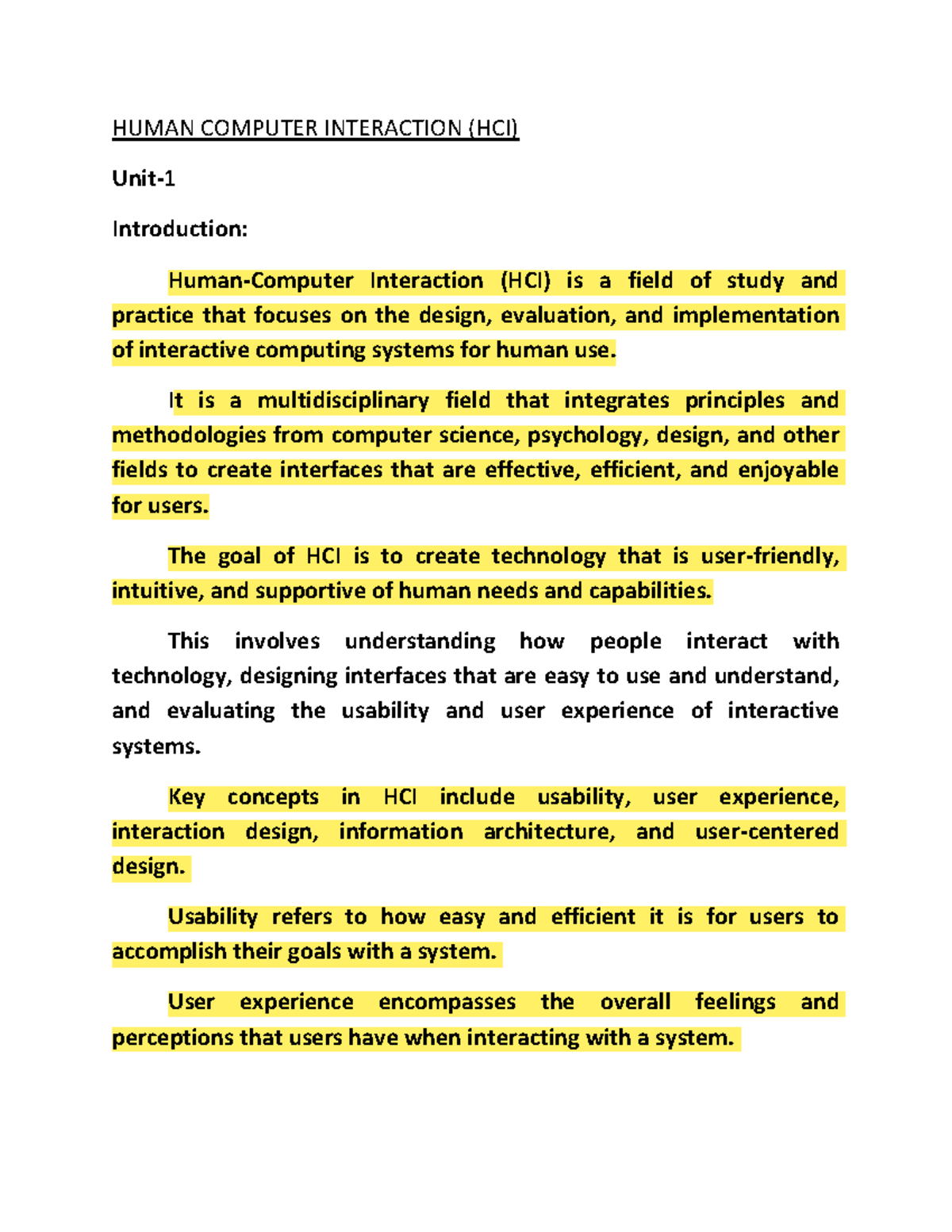 HCI Sub - HCI NOES - HUMAN COMPUTER INTERACTION (HCI) Unit- 1 ...