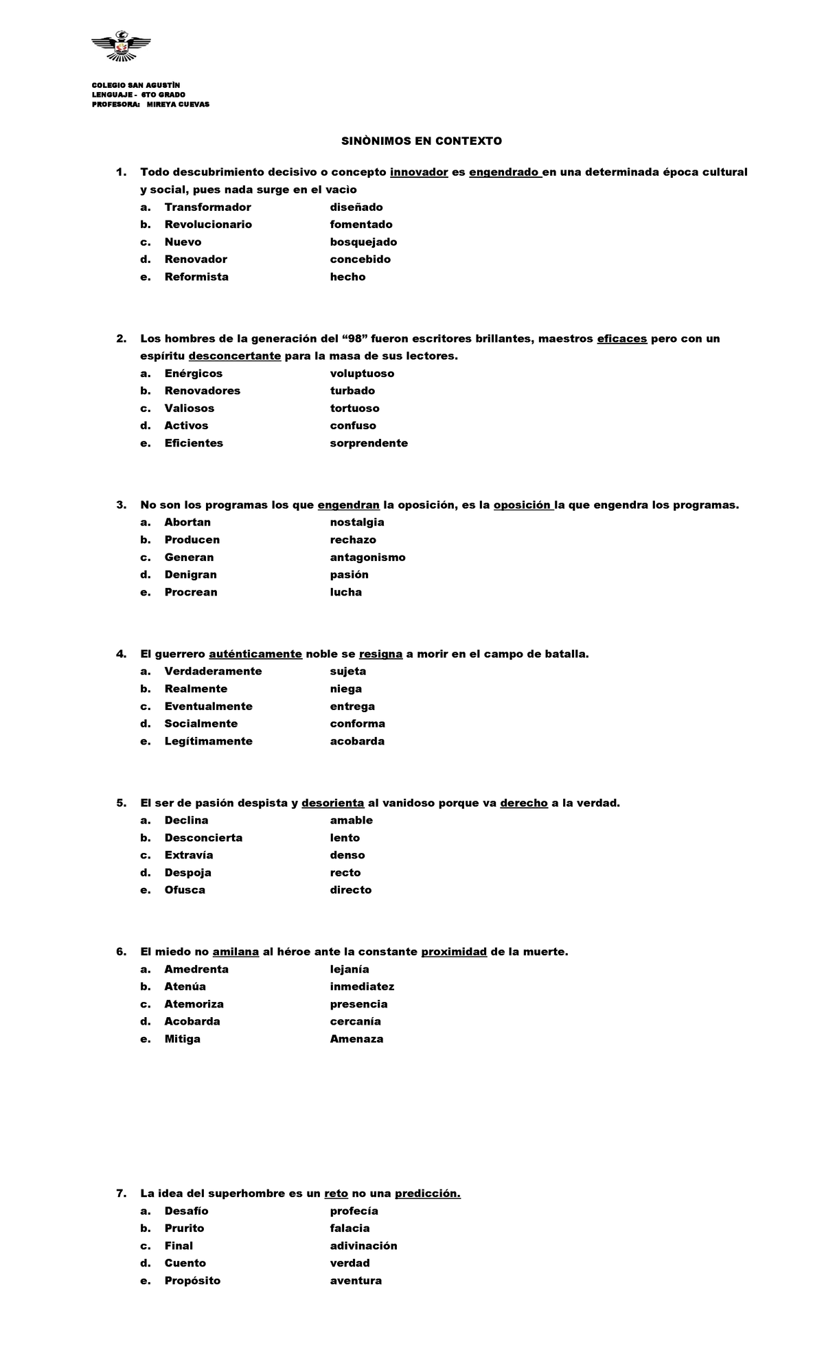 Sinònimos EN Contexto 1 - COLEGIO SAN AGUSTÌN LENGUAJE - 6TO GRADO ...