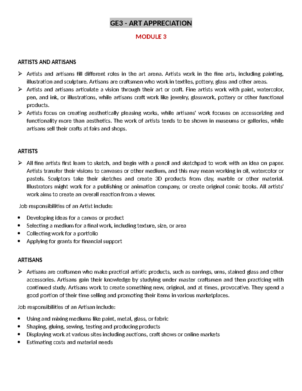ART Appreciation module 3 - GE3 - ART APPRECIATION MODULE 3 ARTISTS AND ...