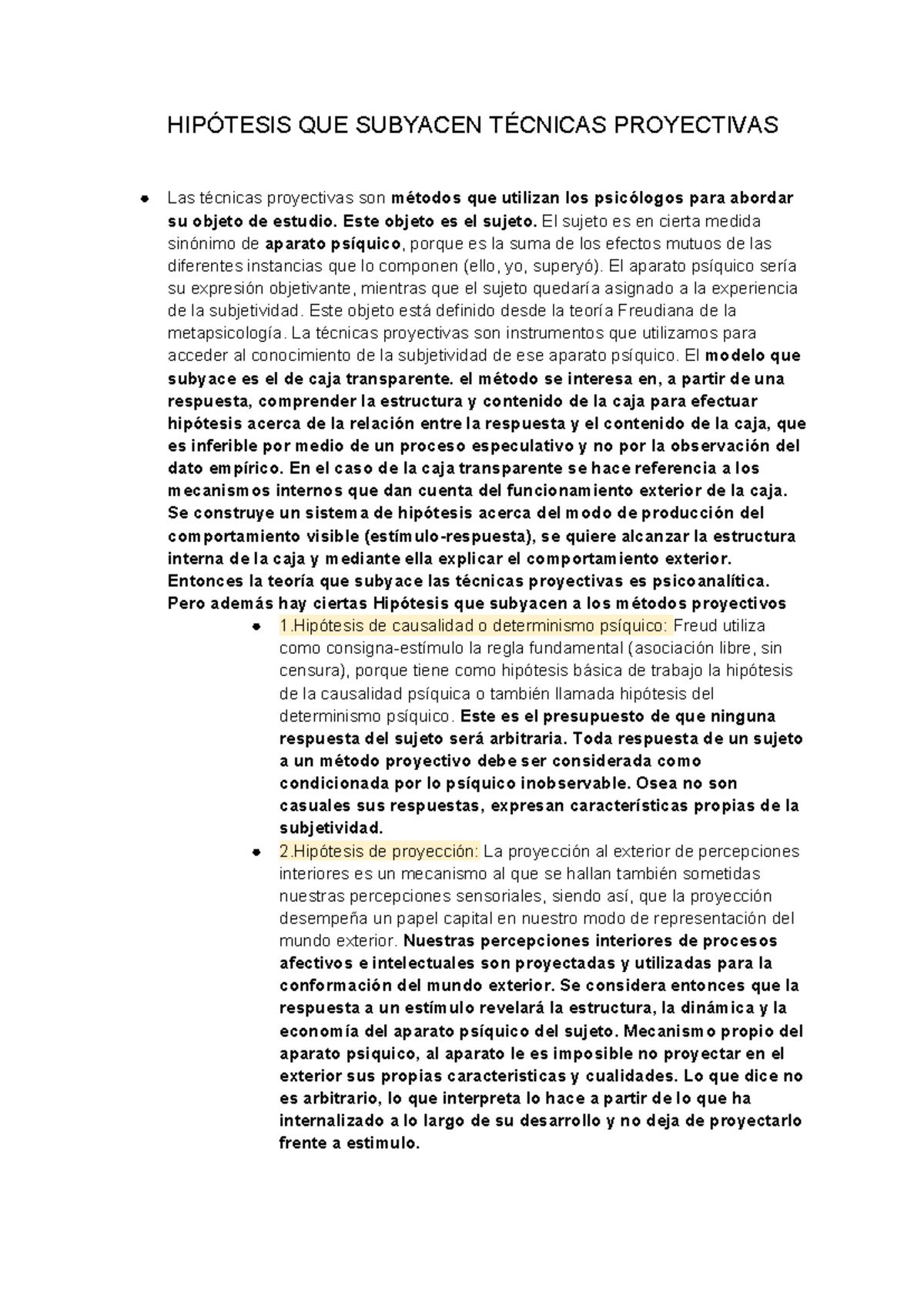Resumen proyectivas 1er parcial - HIPÓTESIS QUE SUBYACEN TÉCNICAS ...