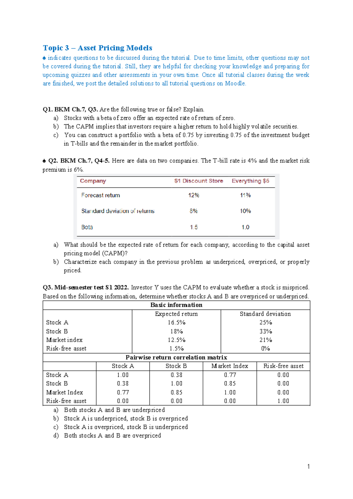 Tute 3 Qs - Tutorial - Topic 3 – Asset Pricing Models ♠ indicates ...