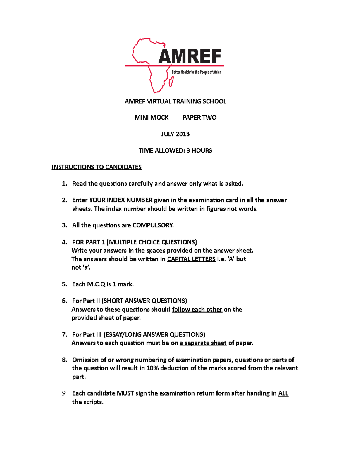 Mini Mock paper 2 - nursing exam sample - AMREF VIRTUAL TRAINING SCHOOL ...