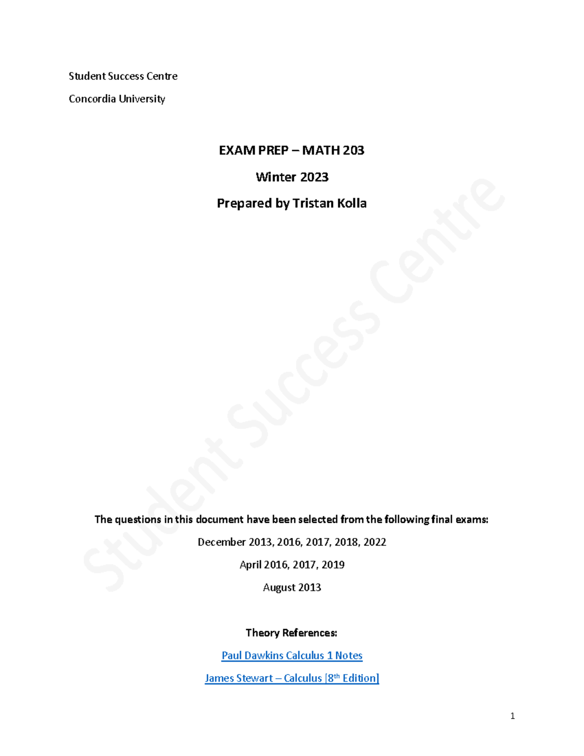 MATH 203 Exam Prep - practice finals - Student Success Centre Concordia ...