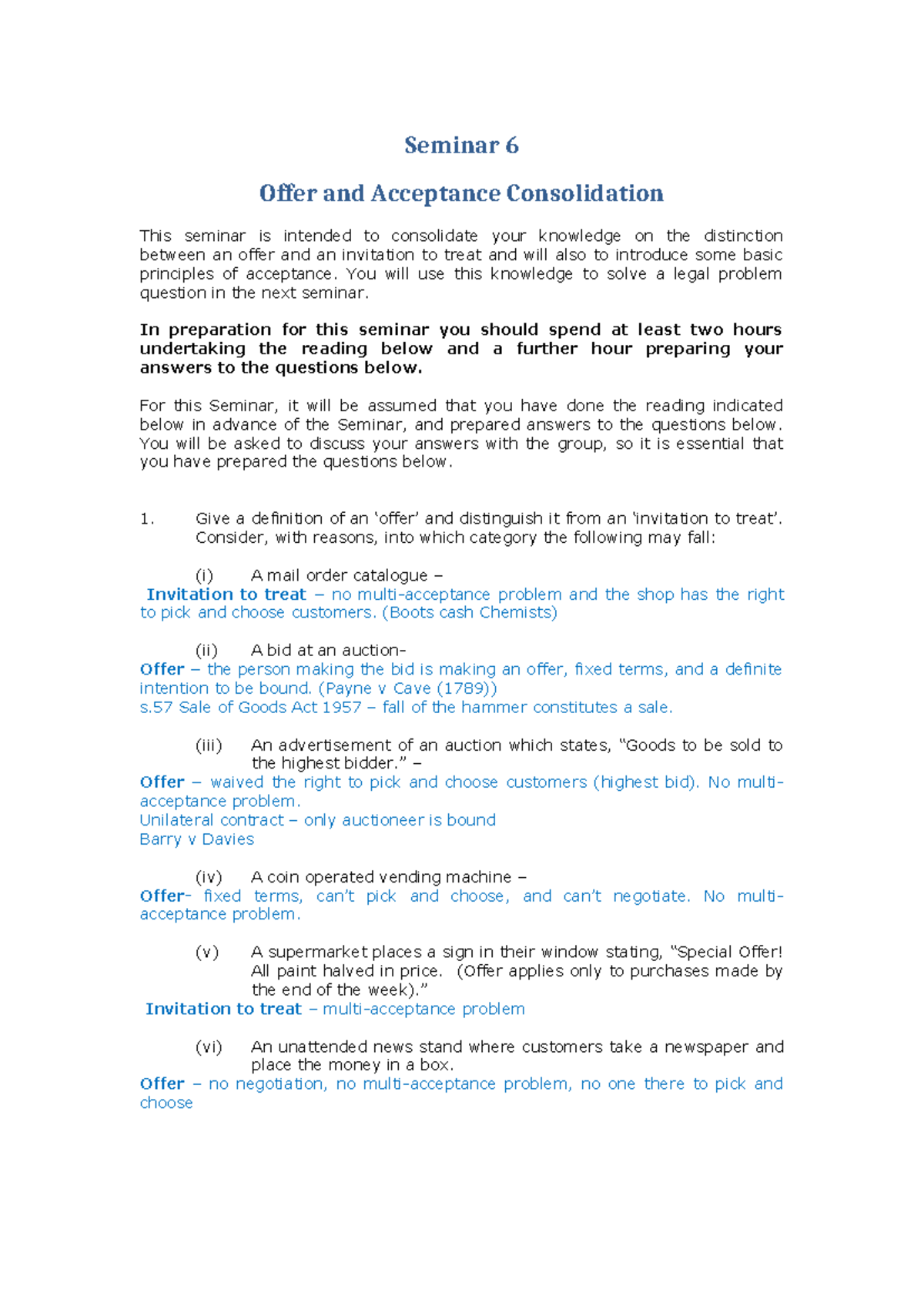 Seminar 6 Offer and Acceptance Consolidation - You will use this ...