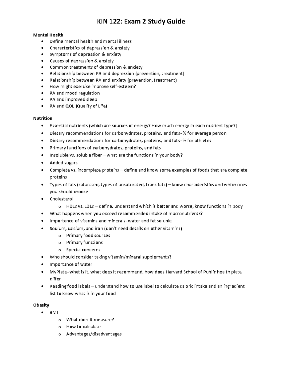 KIN122-Exam 2 Study Guide-Fall 2022-student - KIN 122: Exam 2 Study ...