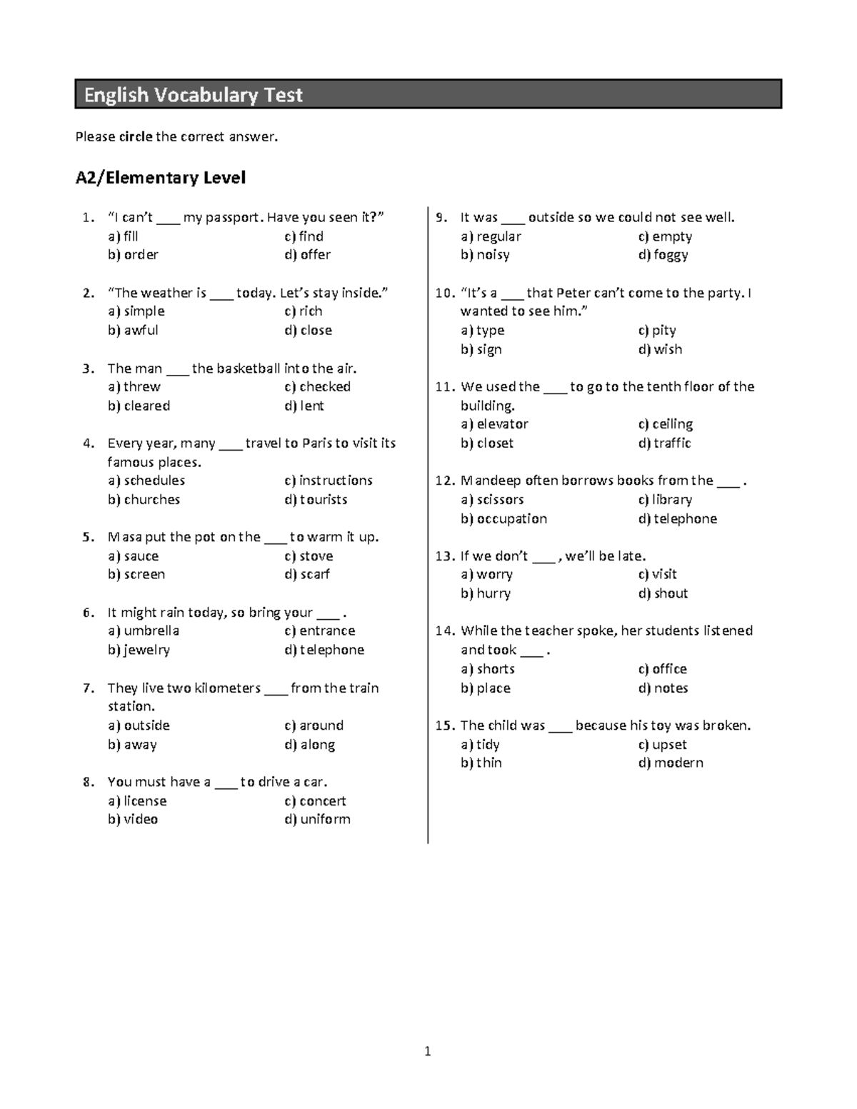 English-Vocabulary-Test - Please circle the correct answer. A2 ...