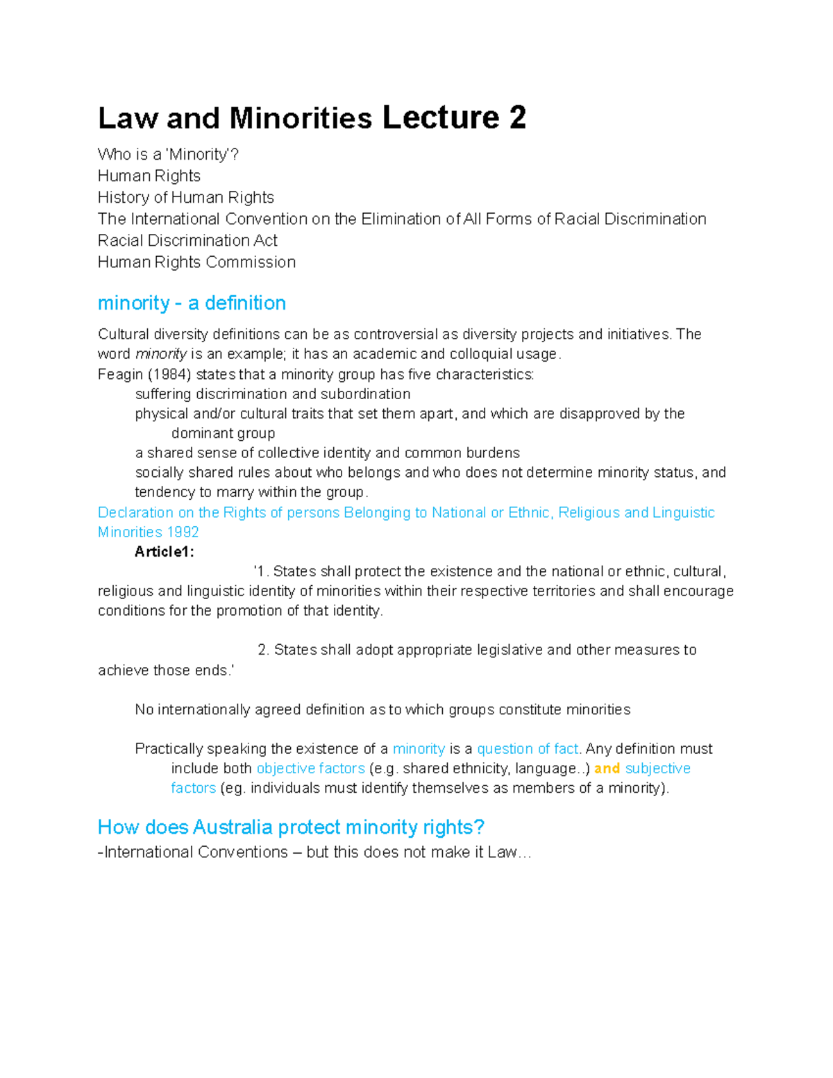 Law and Minorities Lecture 2 - The word minority is an example; it has ...