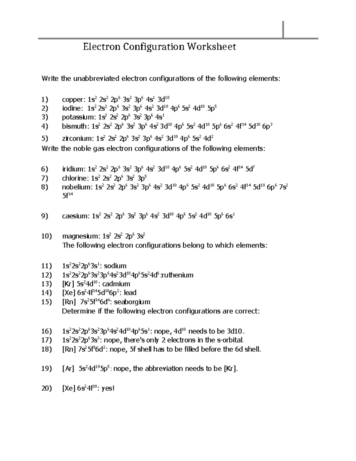 W311 Electron Configuration Worksheet Electron Configuration