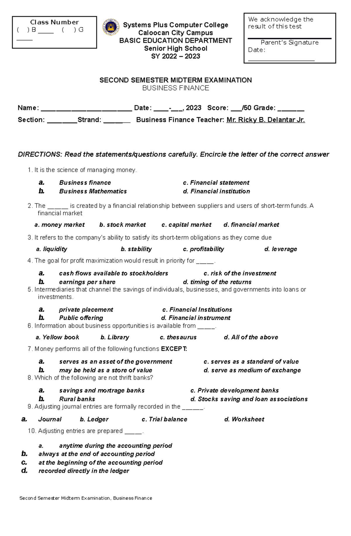 Business Finance Midterm EXAM - Systems Plus Computer College Caloocan ...