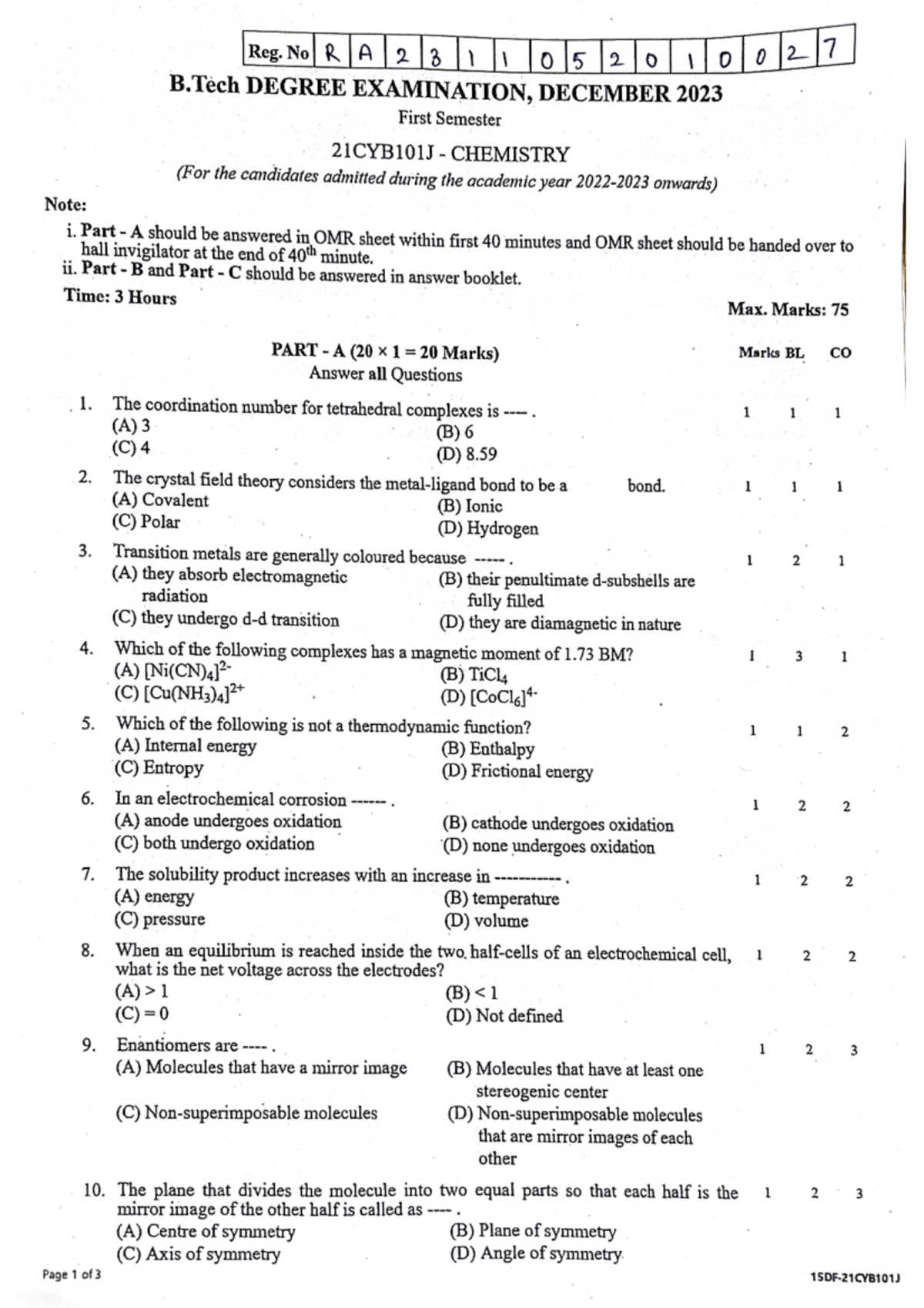 End Sem Univ Exam BTech Chemistry Dec2023 - Studocu