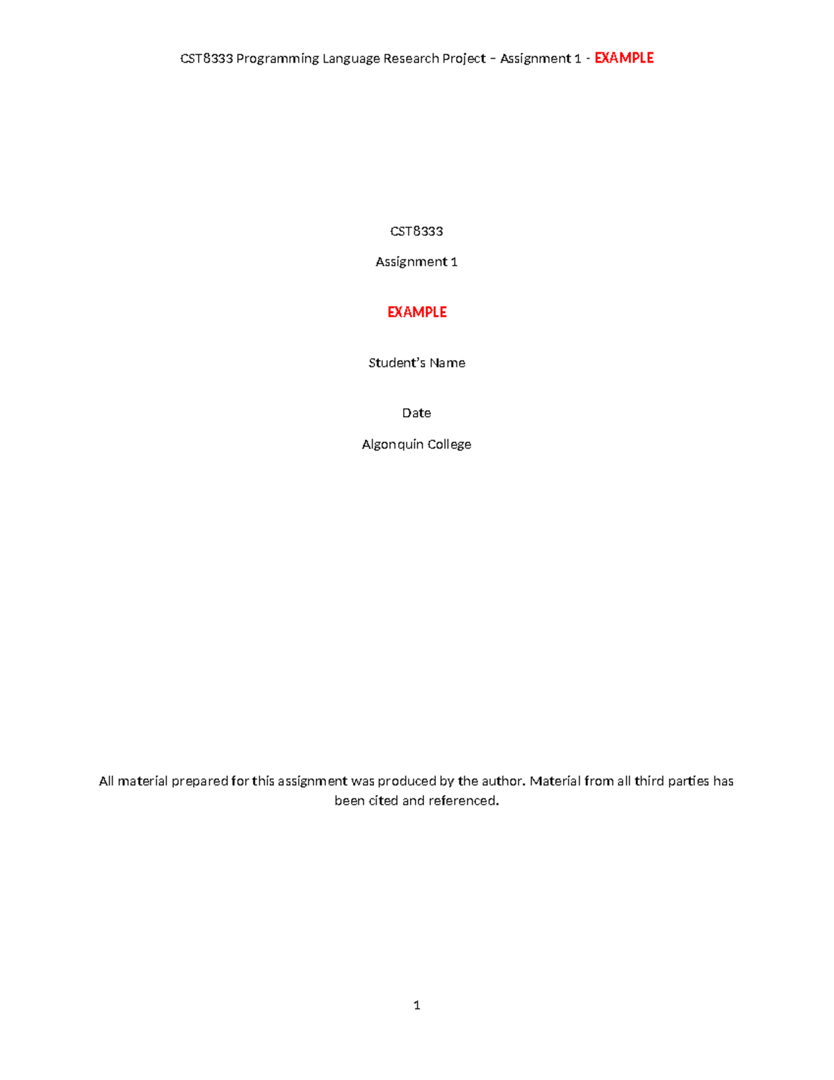 Cst8333 assignment-1 example report - CST Assignment 1 EXAMPLE Student ...