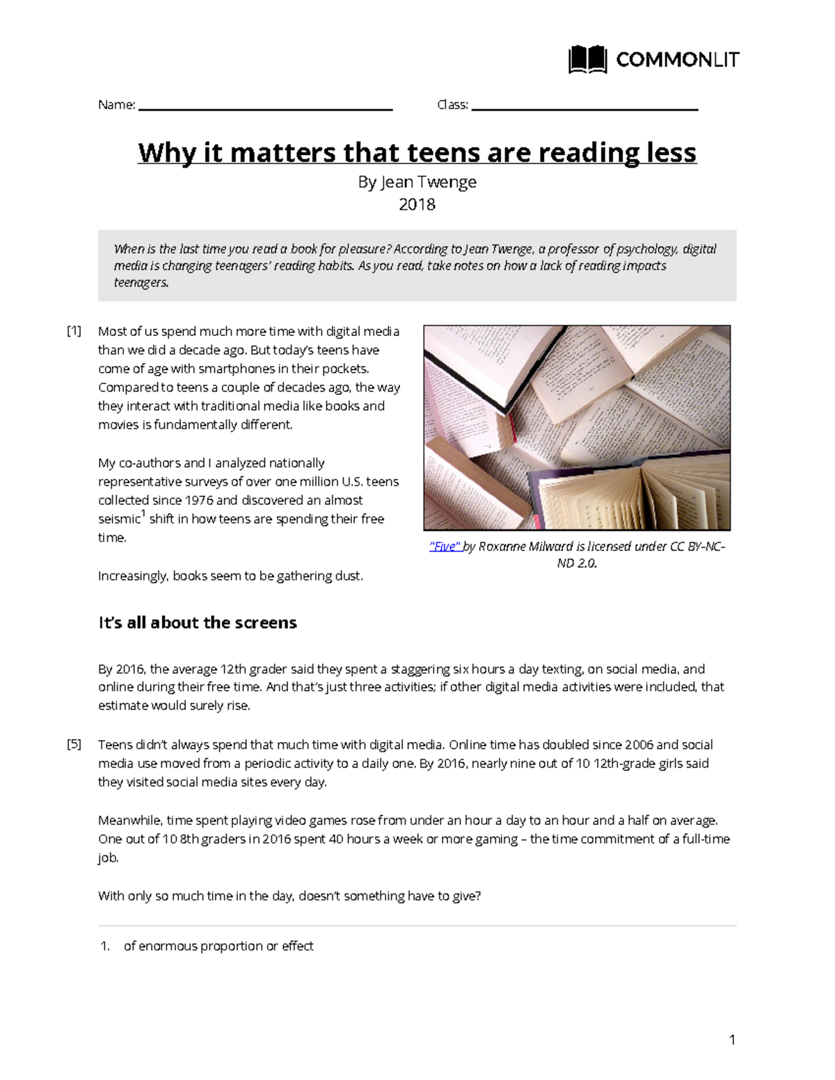Why it matters that teens are reading less 1-3 - Name: Class: "Five" by ...