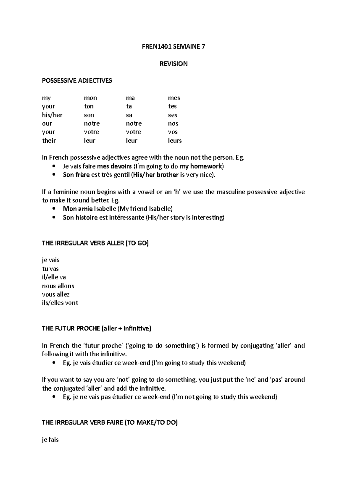 FREN1401 Semaine 7 Revision - FREN1401 SEMAINE 7 REVISION POSSESSIVE ...