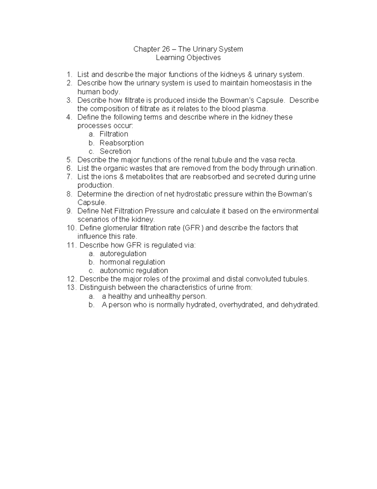 Chapter 26 – The Urinary System Learning Objectives - Chapter 26 – The ...