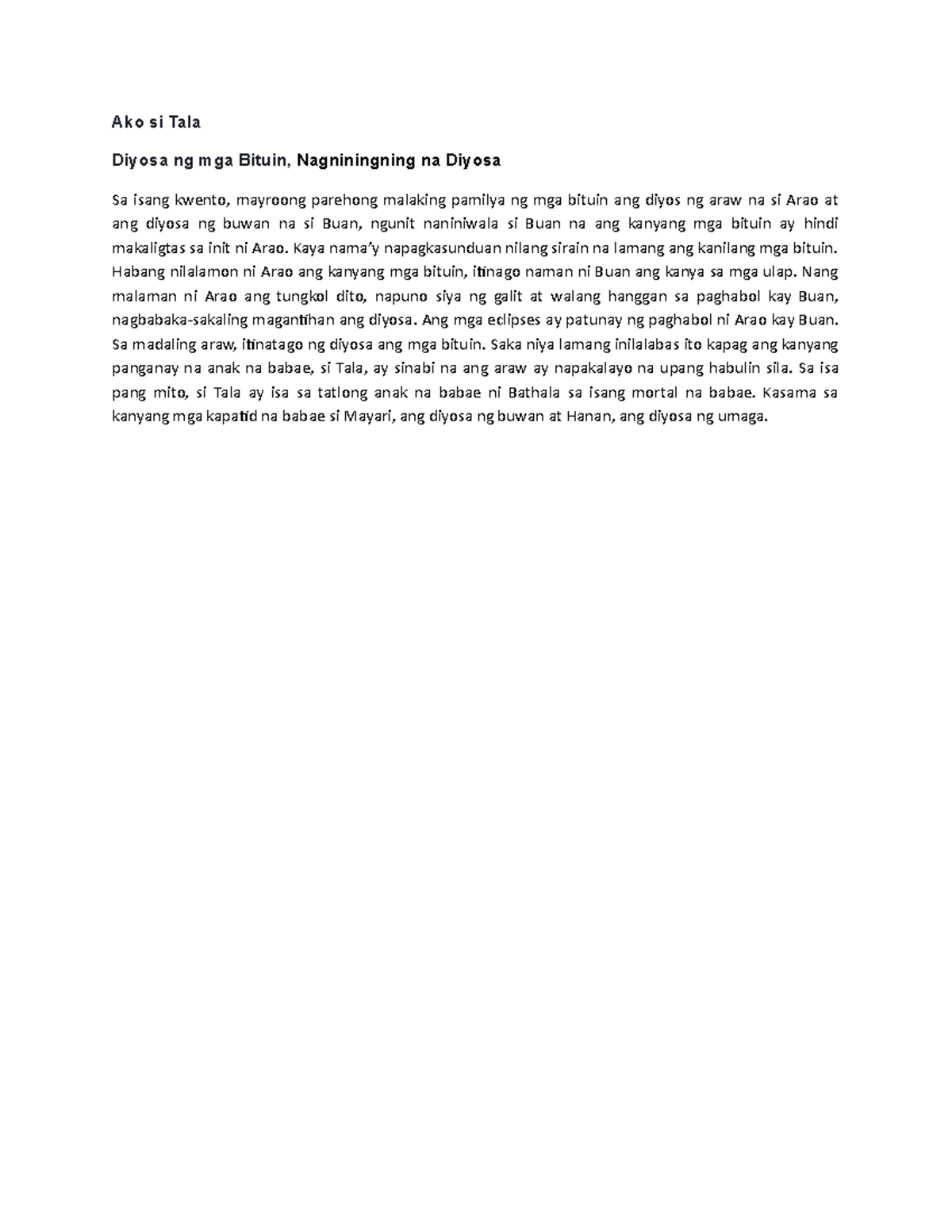 Ako si Tala - Bachelor of Elementary Education - Ako si Tala Diyosa ng ...