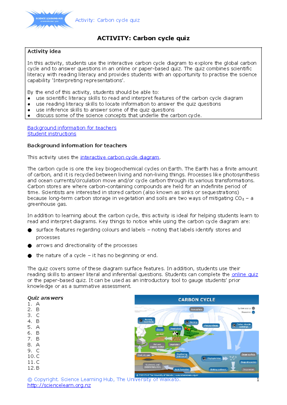 Carbon cycle quiz - ACTIVITY: Carbon cycle quiz Activity idea In this ...