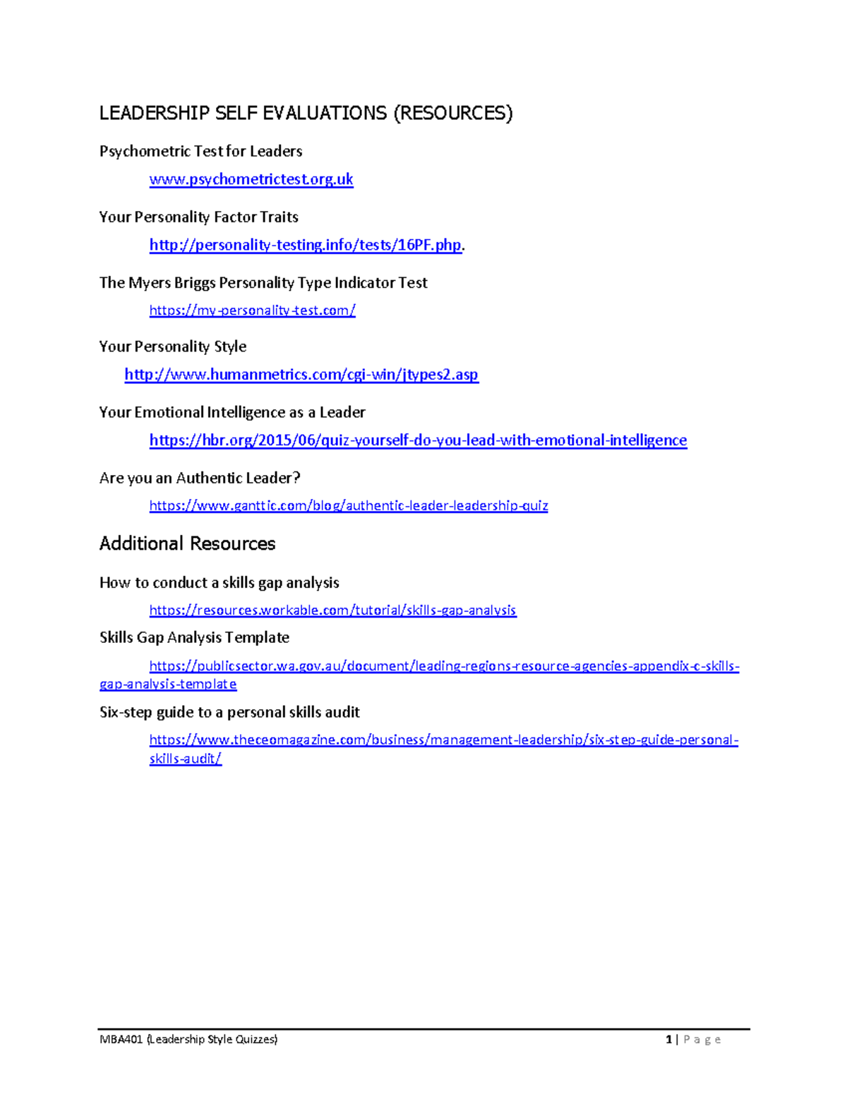 Links to Leadership self evaluation tools MBA401 - Warning: TT ...