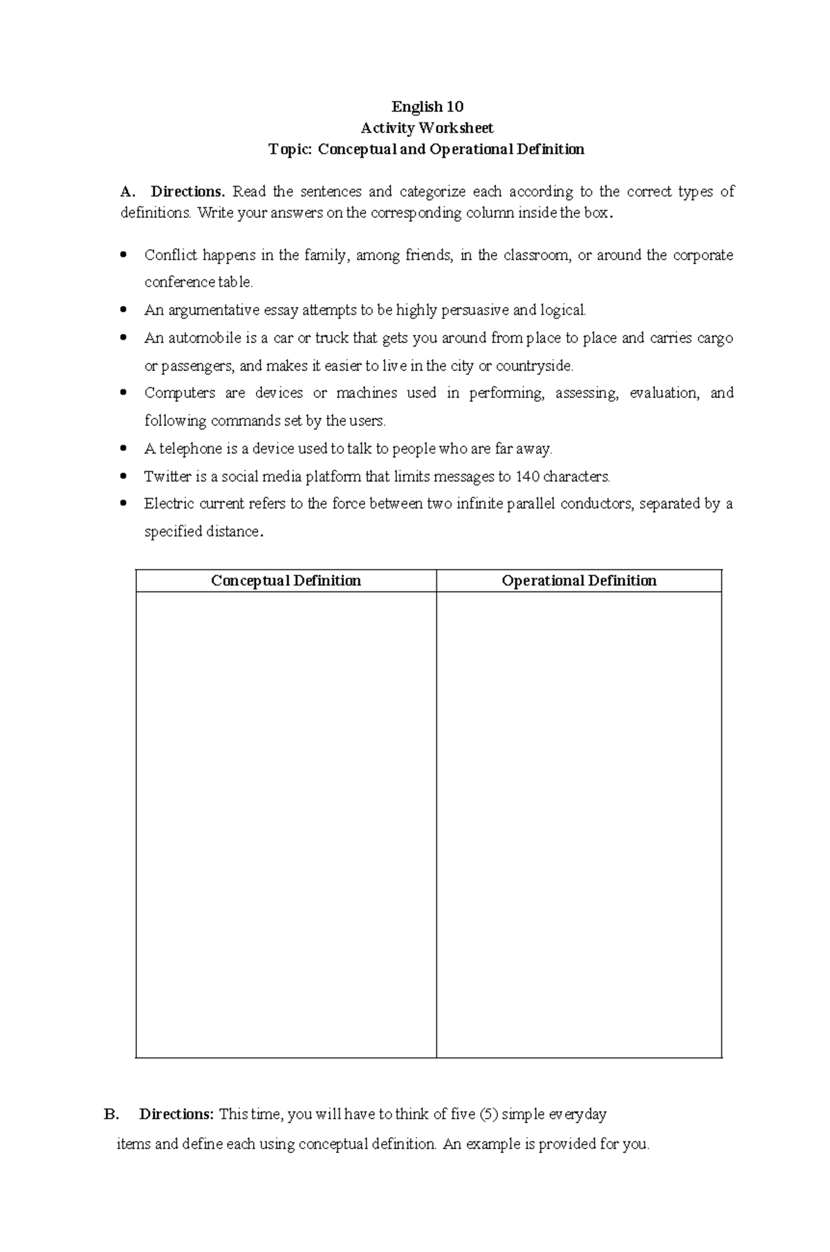 Conceptual and Operational Definition Activity Worksheet - English 10 ...